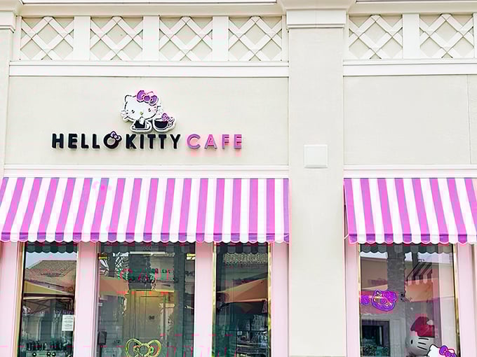 The pink palace beckons with its candy-striped awning – a portal to a world where adulthood takes a delightful vacation and your inner child gets VIP treatment.