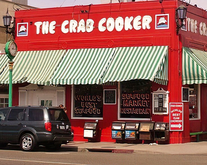 The fire-engine red exterior of The Crab Cooker stands out like a culinary lighthouse, beckoning seafood lovers to Newport Beach's most unpretentious treasure.