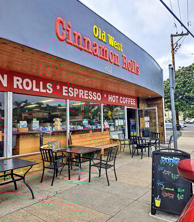 The unassuming storefront that houses pastry perfection. Old West Cinnamon Rolls' bold signage promises exactly what you'll get—no frills, just thrills for your taste buds.