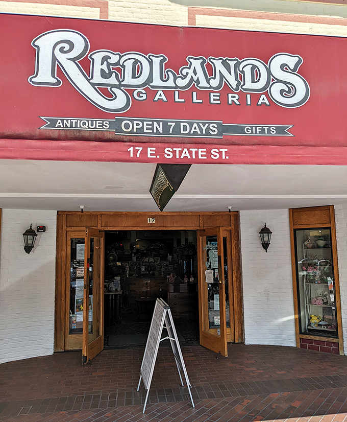 The iconic red and white façade of Redlands Galleria welcomes treasure hunters with a promise of seven days of antiquing bliss.