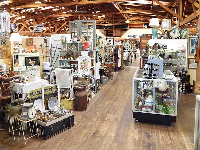 The industrial chic exterior of Cannery Row Antique Mall beckons with promises of treasures behind those gleaming French doors. History preserved in corrugated metal.