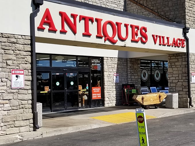 The unmistakable red lettering beckons vintage hunters like a lighthouse for the nostalgically inclined. Welcome to treasure island, Ohio-style.
