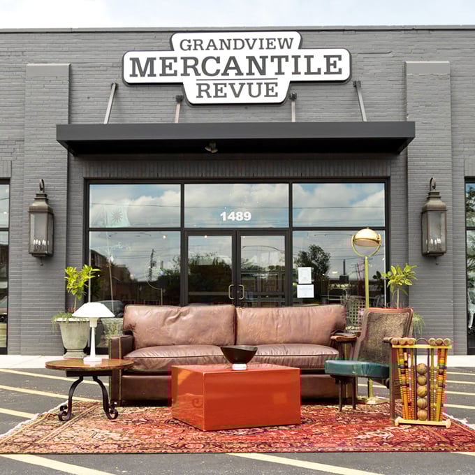 The sleek gray exterior of Grandview Mercantile beckons treasure hunters with its understated elegance, like a sophisticated friend who always knows where the good stuff is hidden.