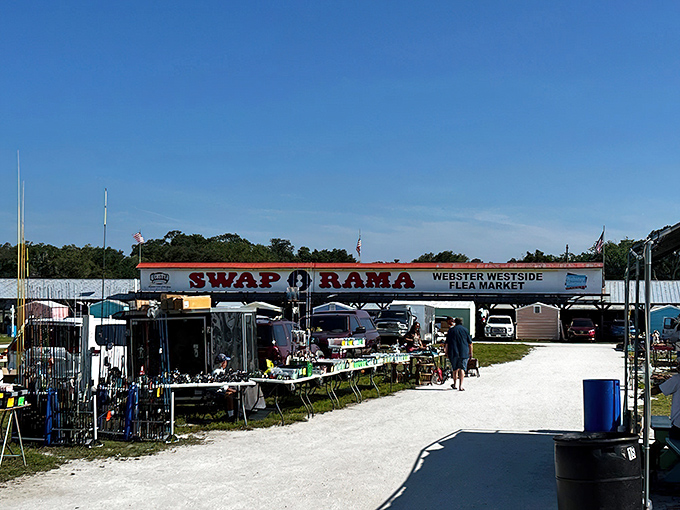 The gateway to treasure hunting paradise! Swap-O-Rama's iconic entrance promises adventures that'll make your wallet happy and your collection complete.