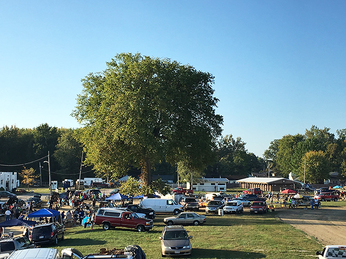 Treasure hunting begins at dawn! Rows of cardboard boxes filled with potential discoveries await early birds under colorful vendor flags.