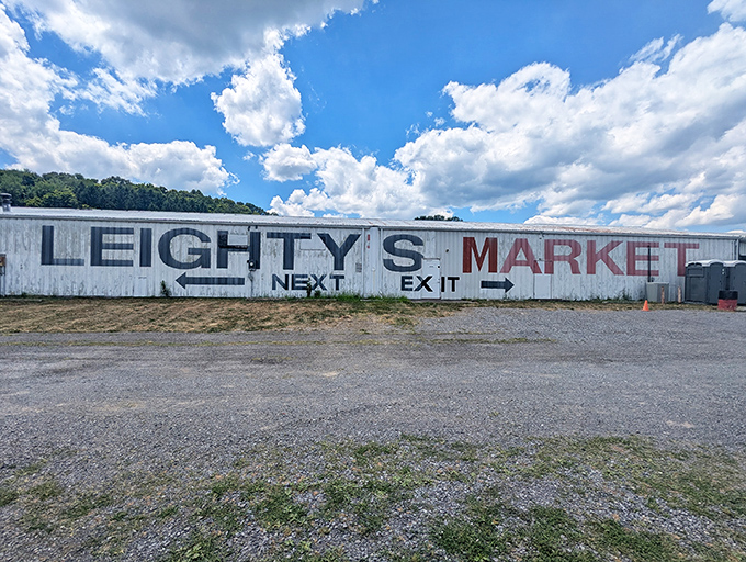 Treasure hunters sift through vintage signs and framed memorabilia while Rocky's hunting gear store stands sentinel in the background. Bargain paradise in its natural habitat!
