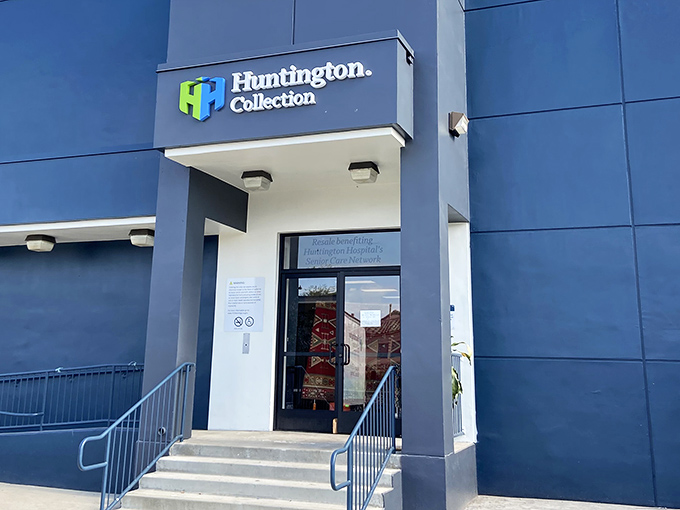 The blue exterior of Huntington Collection stands like a vault of treasures, its unassuming façade hiding the wonderland of bargains within.