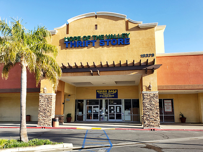 The desert-toned exterior with bright blue signage feels like California's answer to retail therapy—palm trees included, naturally.