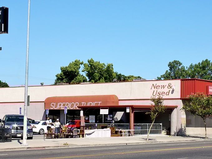 The unassuming exterior of Superior Thrift beckons with its orange awning and "New & Used" promise—a treasure cave disguised as a strip mall storefront.