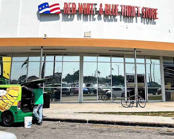 The patriotic façade promises affordable adventures within – America's consumer history gathered under one roof, waiting for new homes.
