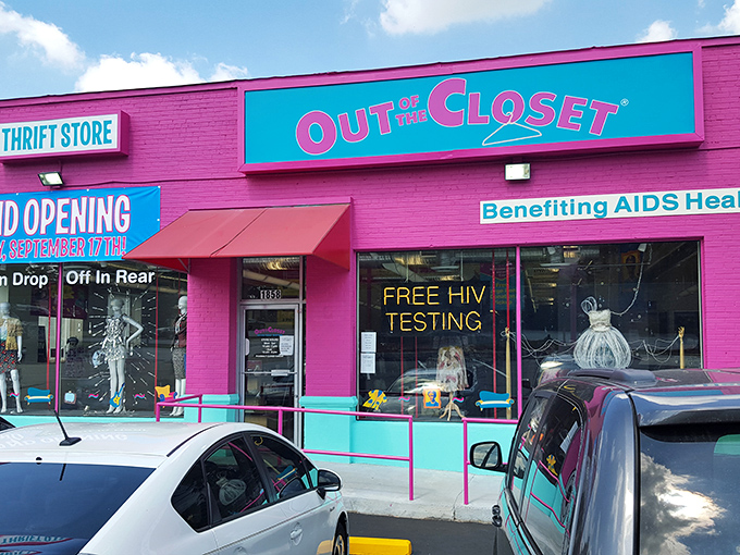 The unmistakable hot pink facade of Out of the Closet in Ansley makes it impossible to miss – like a flamingo in a penguin convention.