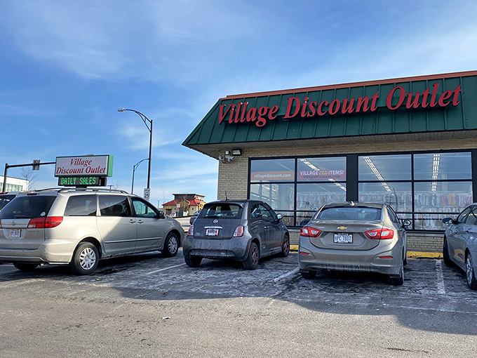 The unassuming exterior of Village Discount Outlet belies the treasure trove within. Like a bargain hunter's Narnia, this green-roofed wonderland awaits.
