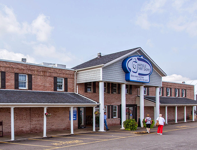 The stately brick exterior of Hartville Thrift Shoppe gives no hint of the treasure trove waiting inside—it's like Fort Knox for bargain hunters.