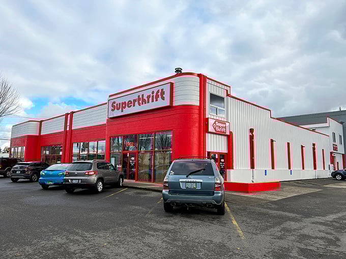 The red and white exterior of SuperThrift stands like a beacon of bargain possibilities in Salem, beckoning treasure hunters from miles around.