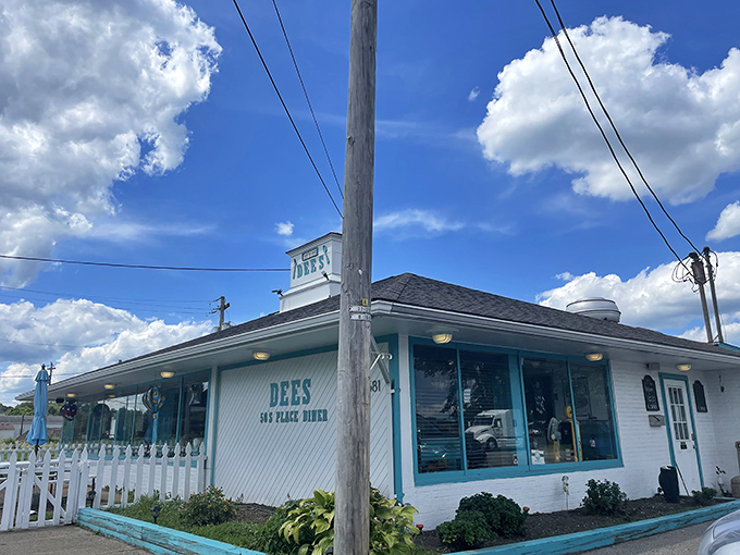 The classic white building with turquoise trim stands like a beacon of breakfast hope on a perfect Ohio day – a time capsule waiting to feed you.