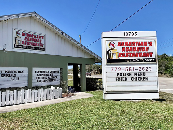 Unpretentious charm in white clapboard – Sebastian's Roadside Restaurant announces its Polish specialties and fried chicken right on the sign. No mystery, just good food promised.