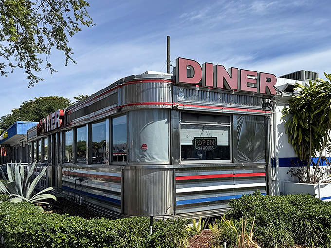 Classic diner architecture meets Florida sunshine in this gleaming testament to breakfast perfection.