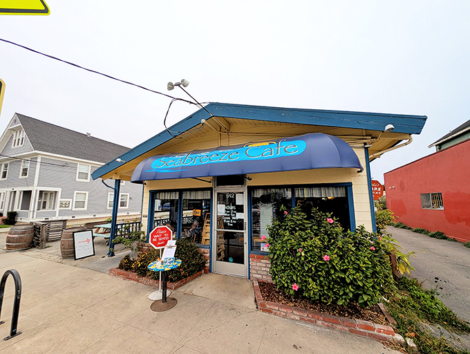 The blue awning beckons like a coastal lighthouse for hungry souls. This unassuming exterior houses breakfast magic that locals have treasured for decades.