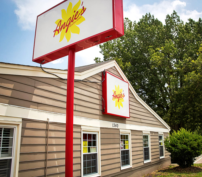 The iconic red wagon outside Angie's isn't just decoration—it's a beacon of breakfast hope for hungry North Carolinians seeking morning salvation.