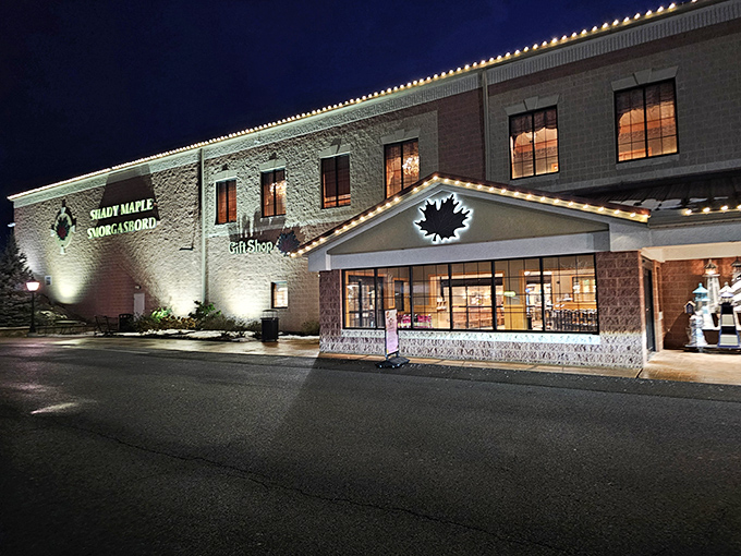 The evening glow transforms this Lancaster County landmark into something that looks downright magical from the parking lot.