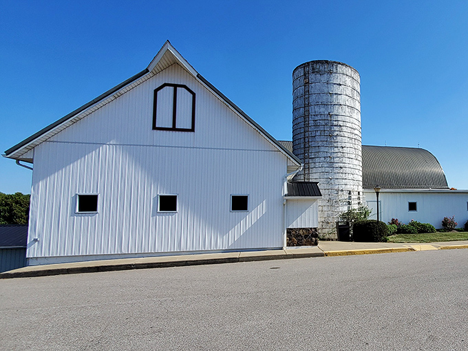 The quintessential American dream – a working barn transformed into a dining destination. That silo isn't storing grain anymore; it's storing delicious memories.