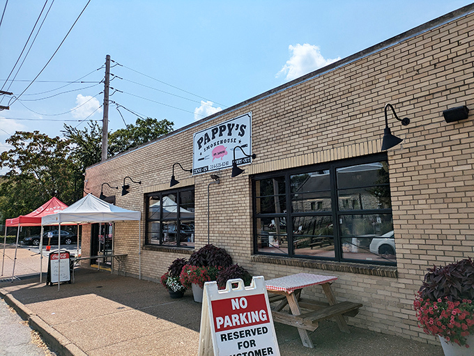The unassuming brick exterior of Pappy's Smokehouse—proof that the best barbecue joints don't need fancy facades, just smoke signals that say "get in here now."