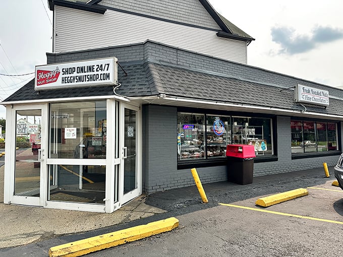 The unassuming exterior of Heggy's Nut Shop belies the treasures within. Like finding a secret chocolate factory, but without the eccentric owner or singing Oompa Loompas.