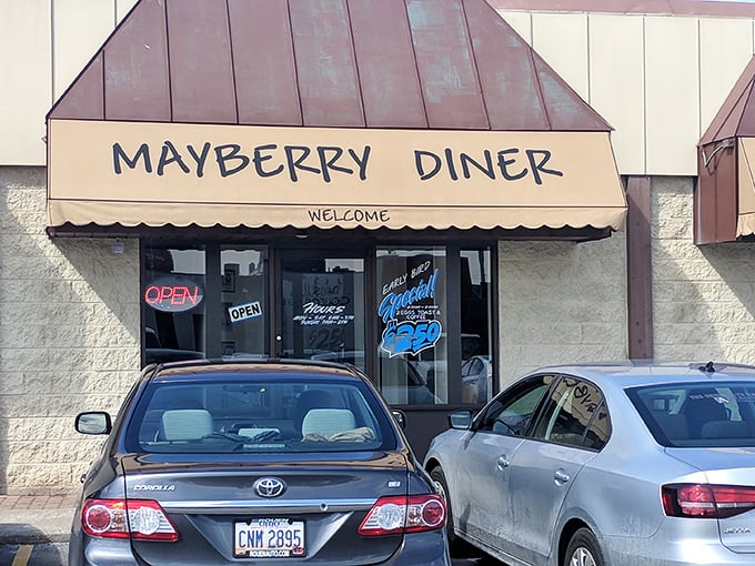 The unassuming exterior of Mayberry Diner promises no frills, just honest-to-goodness breakfast magic waiting behind those doors.