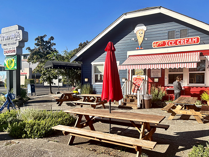 The cheerful blue exterior of Mandy's Family Restaurant beckons like an old friend, complete with picnic tables for those rare sunny Oregon days.