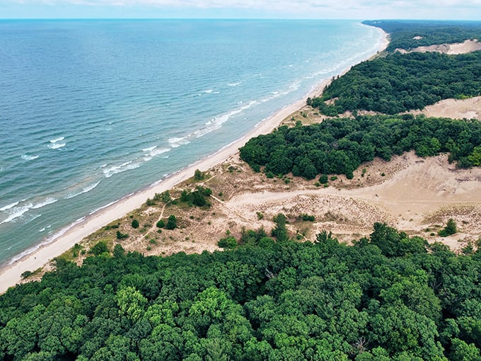 The Great Lakes' answer to the Caribbean – where Michigan's towering dunes meet Lake Michigan's impossibly blue waters in a landscape that defies Midwestern expectations.