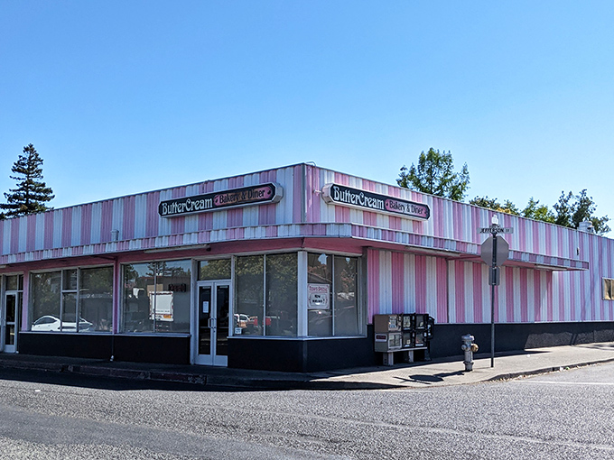 The pink and white striped exterior of Butter Cream Bakery isn't just eye-catching—it's like Willy Wonka designed a building in wine country.