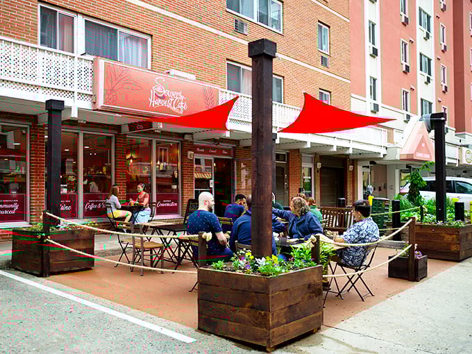 Those vibrant red awnings aren't just for show—they're like a beacon calling you to pretzel paradise in downtown State College.