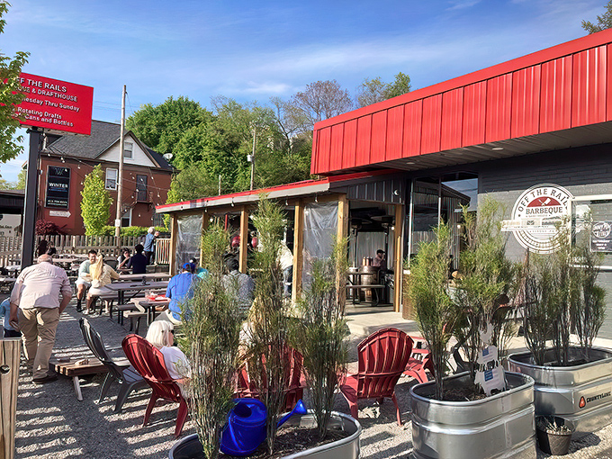 The bright red exterior isn't just eye-catching—it's a smoke signal to barbecue lovers that something special awaits inside this Verona gem.