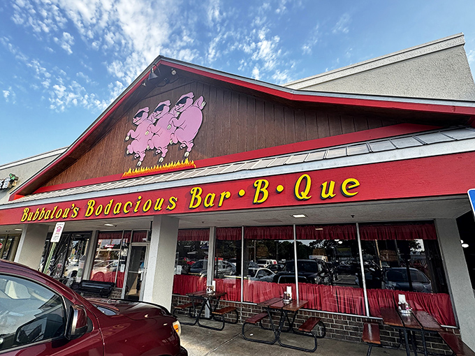 The iconic trio of pink pigs perched above Bubbalou's entrance isn't just cute – it's a beacon calling barbecue pilgrims home to Orlando's smoky paradise.