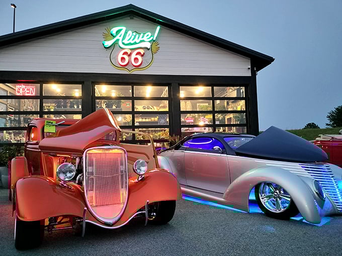 The neon "Route 66" sign beckons road warriors like a lighthouse for hungry travelers. Classic cars out front hint at the time capsule waiting inside.