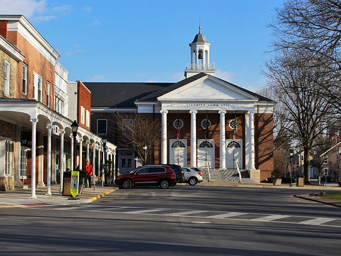 Ligonier's Town Hall stands proudly on the Diamond, its colonial architecture a reminder that small-town America still thrives in Pennsylvania's Laurel Highlands.