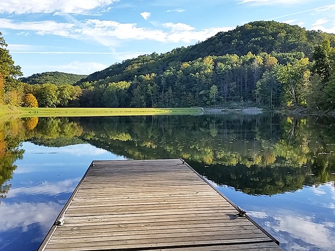 Mirror, mirror on the lake! Pine Lake's glass-like surface perfectly reflects Ohio's rolling hills, creating nature's most spectacular double feature.