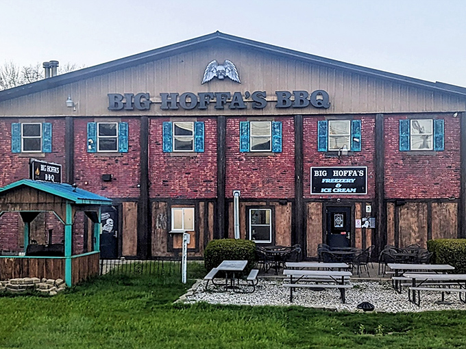The pirate flag flying proudly above Big Hoffa's brick exterior isn't just decoration—it's a warning that your diet is about to walk the plank.