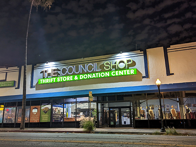 The Council Shop's illuminated storefront beckons night owls and early birds alike, promising treasures behind its unassuming façade on Fairfax Avenue.