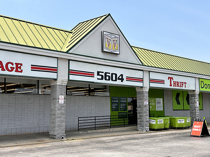 The distinctive yellow-roofed Value Village in Brooklyn Park stands like a beacon for treasure hunters across Maryland. Thrift nirvana awaits!