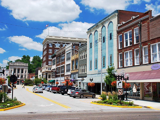 Alton unfolds like a storybook from above, where historic brick buildings and leafy neighborhoods create a patchwork quilt of Midwestern charm.