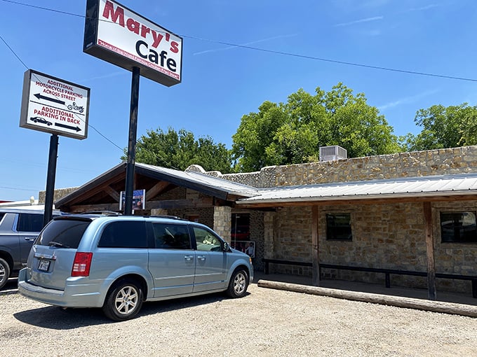 The unassuming stone exterior of Mary's Cafe stands like a temple to Texas comfort food, beckoning hungry pilgrims from miles around.