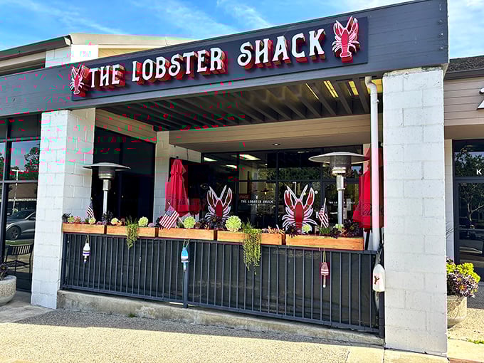 The bright red lobster signs flanking The Lobster Shack's entrance aren't just decoration—they're beacons calling seafood lovers to this unassuming strip mall treasure in Laguna Niguel.