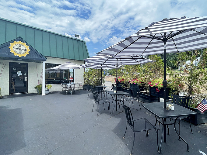 The unassuming exterior of Shorty's Sunflower Cafe proves once again that Pennsylvania's best breakfast spots don't need flashy facades—just a green roof and the promise of deliciousness within.