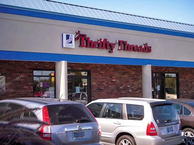 The iconic red signage of Thrifty Threads beckons like a lighthouse for bargain hunters navigating the sea of retail mediocrity.