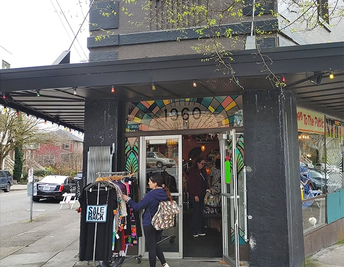 The stained-glass transom window above Magpie's entrance isn't just decoration—it's a portal to decades past, beckoning vintage hunters with its rainbow promise.