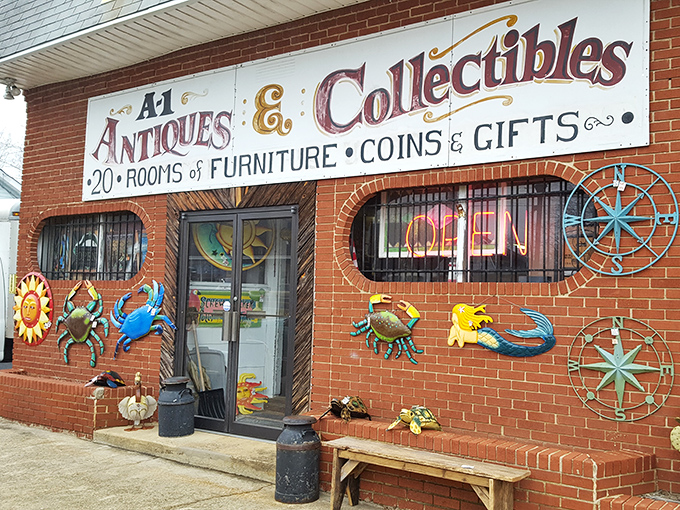 The brick façade of A-1 Antiques beckons with colorful marine-themed art and the promise of "20 ROOMS" – like a treasure map where X marks every spot.