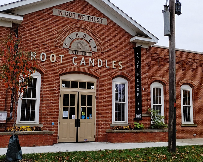 The historic brick façade of Root Candles stands proudly in Medina, a beacon of light-making tradition since 1869. Some buildings just look like they have stories to tell.