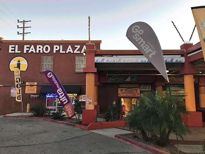 The terracotta-colored El Faro Plaza stands like a lighthouse for bargain hunters, its feather flags beckoning with promises of treasures within.