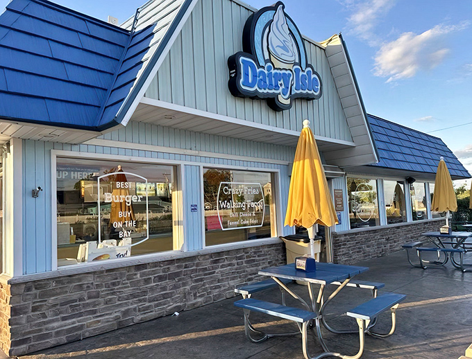 The blue-roofed beacon of Put-in-Bay beckons with its ice cream cone logo, promising sweet salvation from Lake Erie's summer heat.